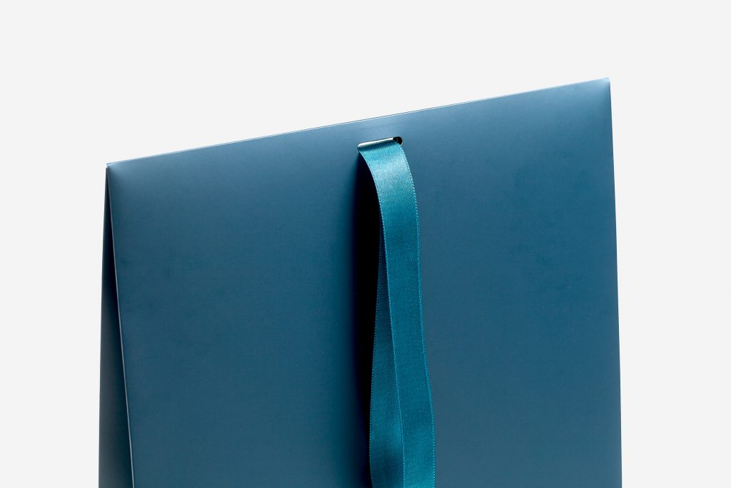 Printed paper bag with flap and ribbon closure